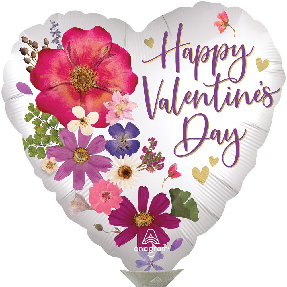 4" Satin Happy Valentine's Day Pressed Flowers Micro Foil Balloon (1ct ...