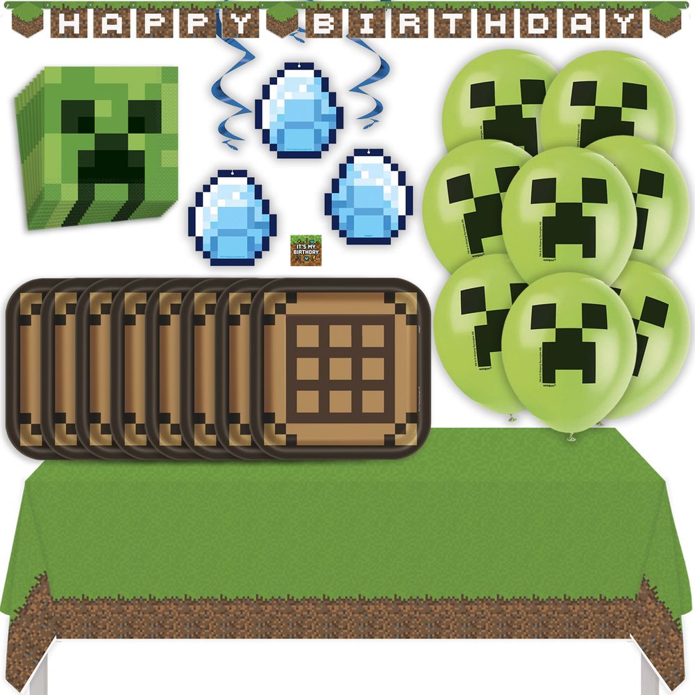 Minecraft Kit with 9" Plates, Luncheon Napkins, Tablecover, Balloons ...